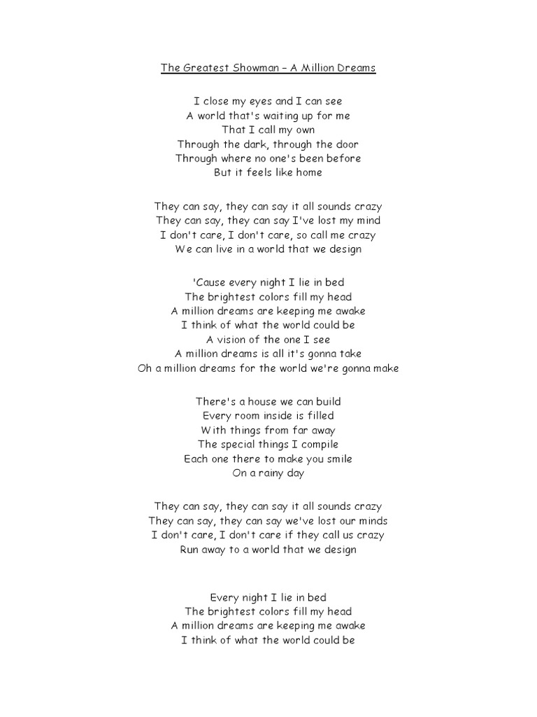 The Greatest Showman - A Million Dreams | PDF | Poetry