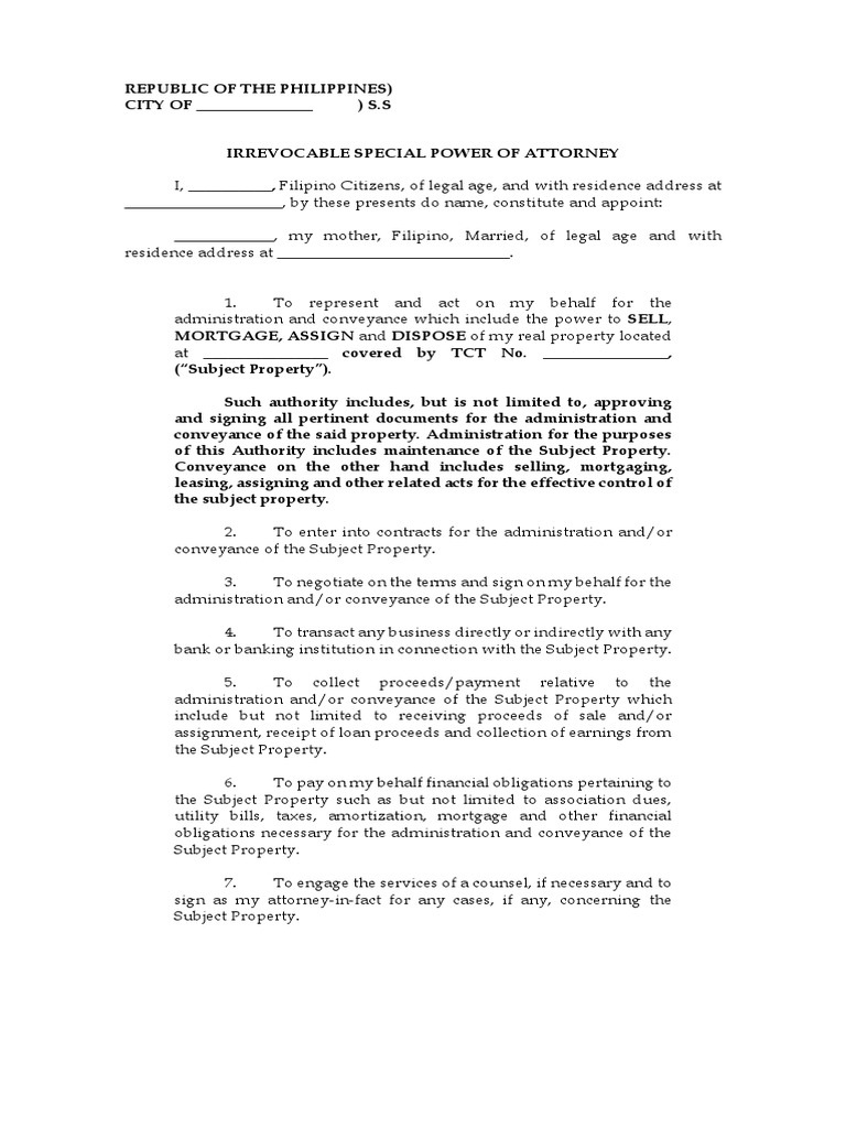 Irrevocable SPA | PDF | Conveyancing | Power Of Attorney