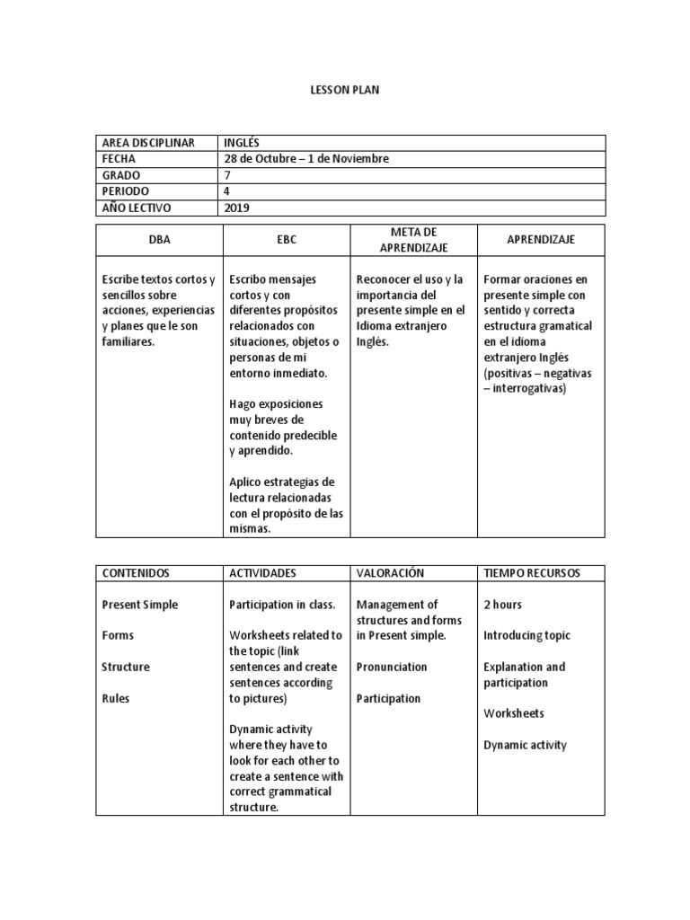 Lesson Plan Present Simple | PDF | Cognición | Aprendizaje
