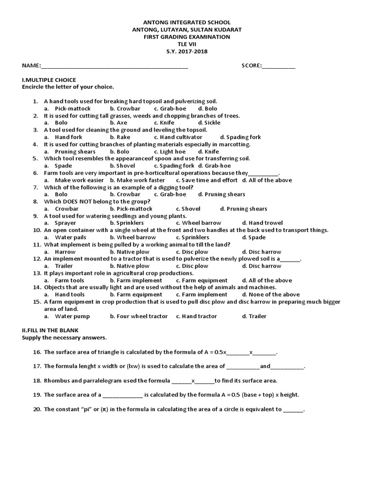 Grade 7 Examination | PDF | Agricultural Machinery | Area