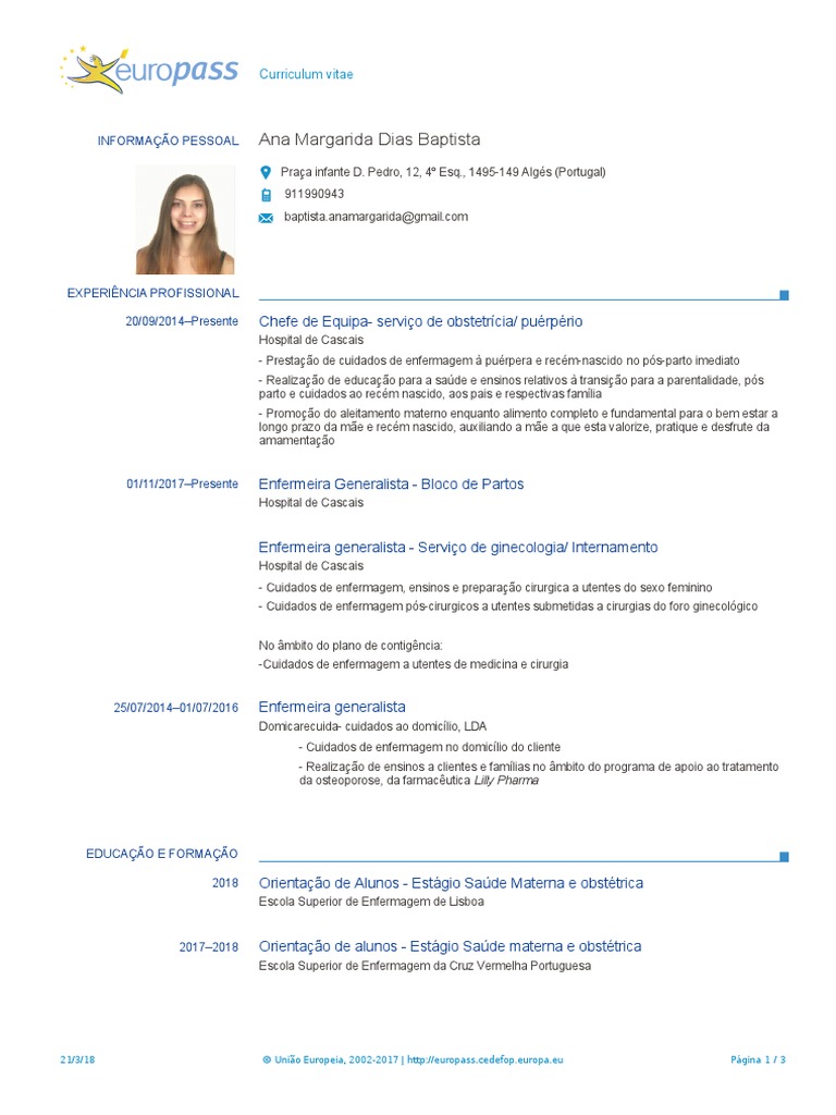 CV Europass 20180322 DiasBaptista PT | Enfermagem | Amamentação
