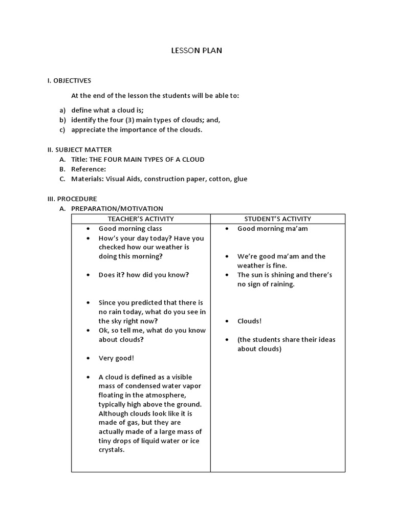 Lesson Plan Types of Clouds | PDF | Cloud | Phases Of Matter