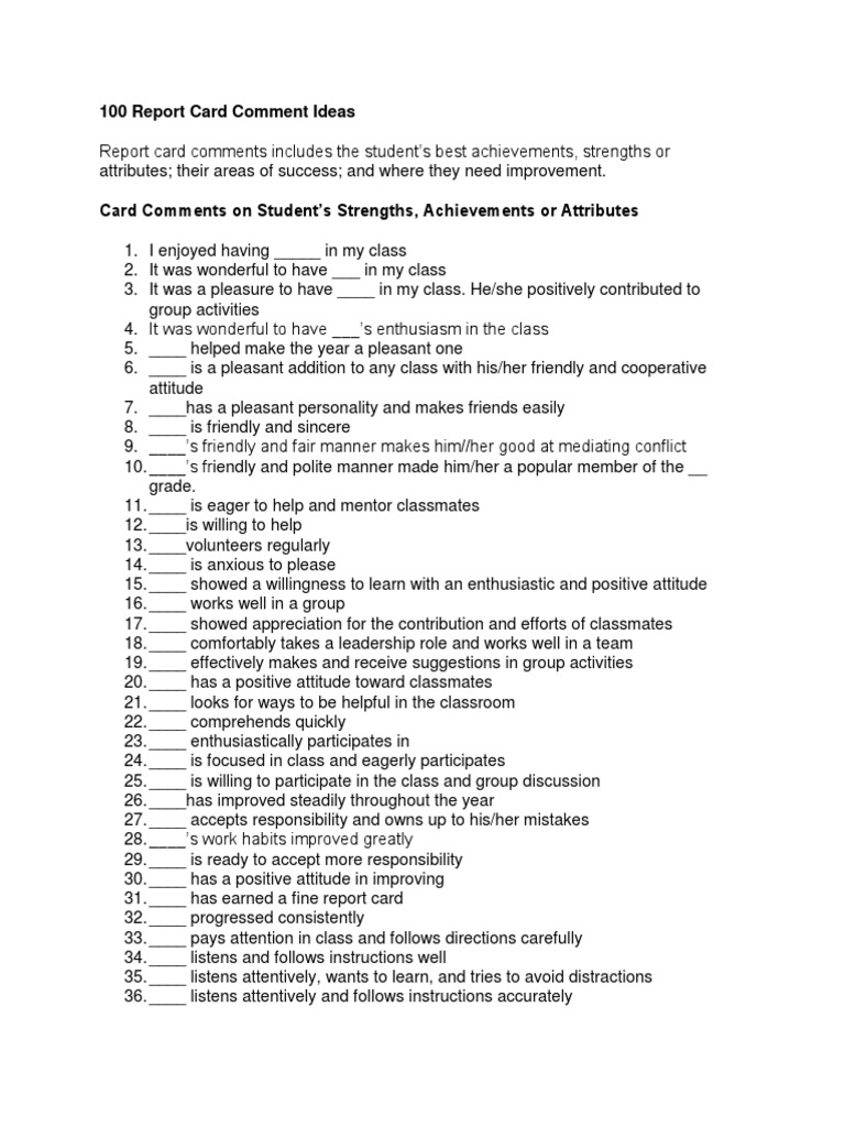 100 Report Card Comment Ideas | PDF | Homework | Classroom
