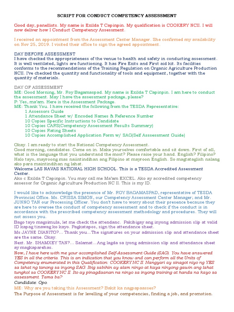 Script For Conduct Assessment Oap | PDF | Salad | Food And Drink