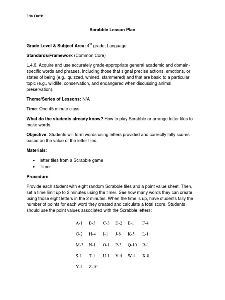 Scrabble Scoring Lesson for 4th Grade | PDF | Language Arts ...