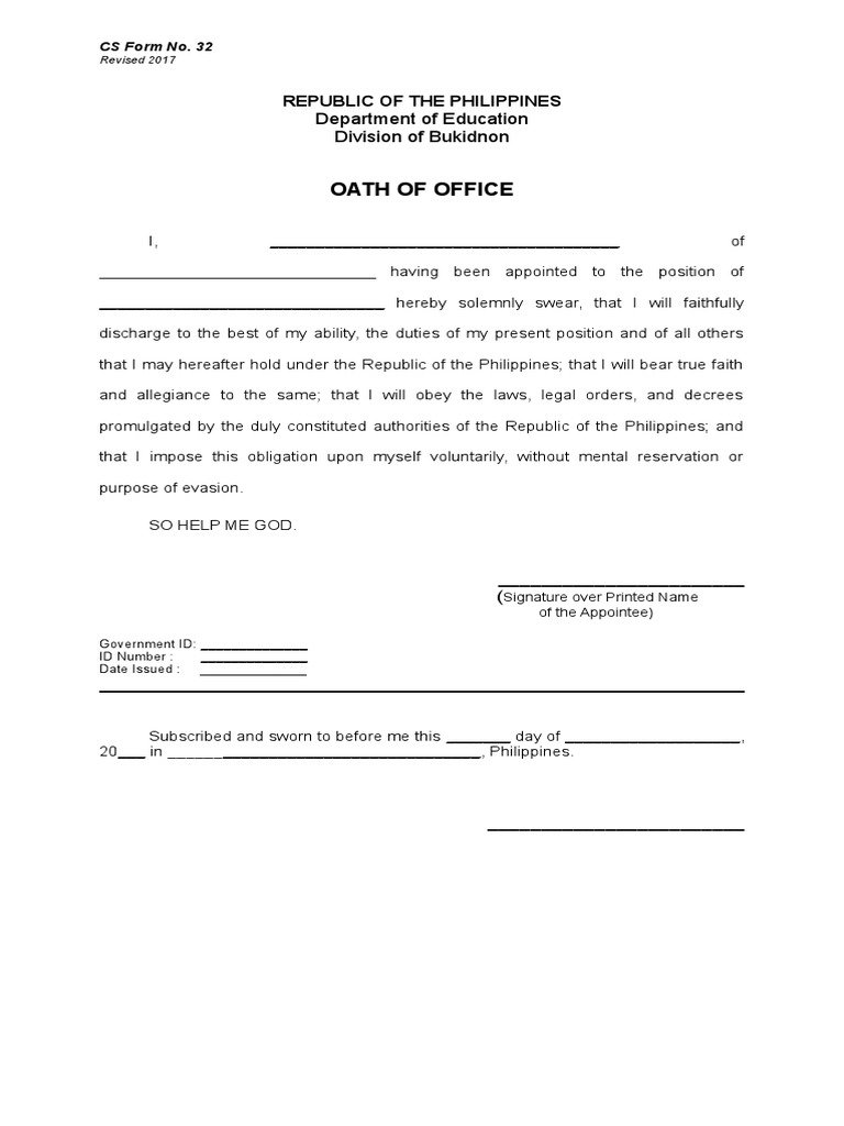CS Form No. 32 Oath of Office | PDF