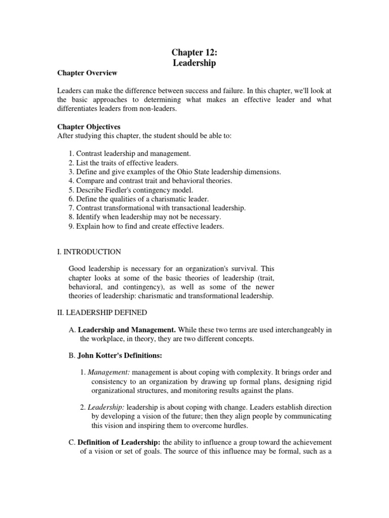 Chapter 12-Leadership Handout | PDF | Transformational Leadership ...