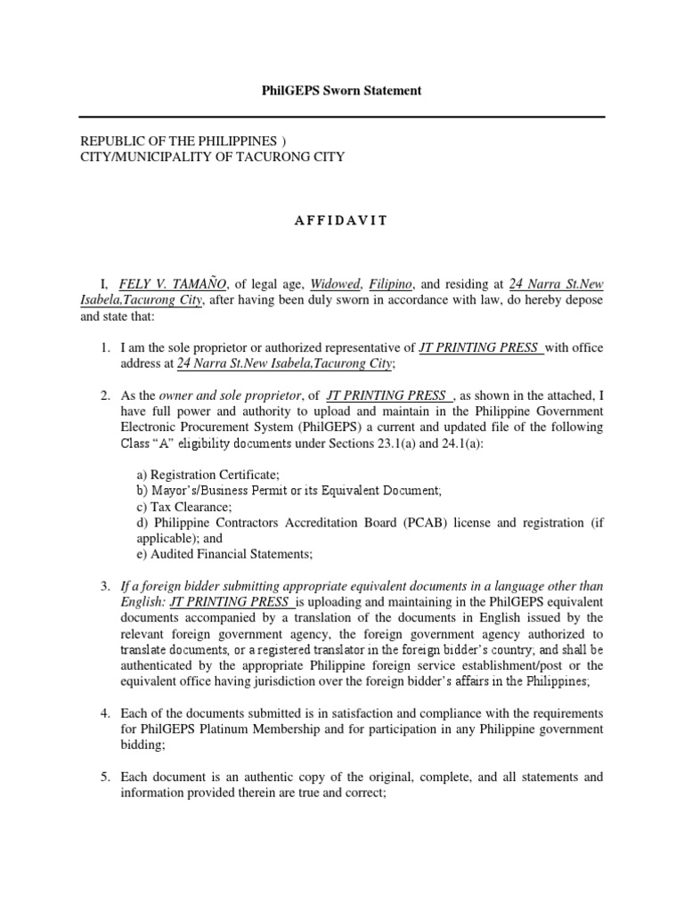 PhilGEPS Sworn Statement - 1102 | PDF | Sole Proprietorship ...