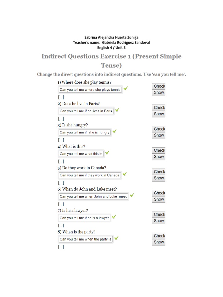 Indirect Questions Exercise 1 y 2-Sabrina Alejandra Huerta Zúñiga | PDF