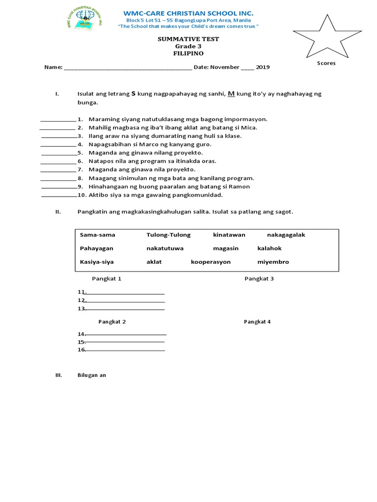 Grade 3 Summative Test Filipino | PDF