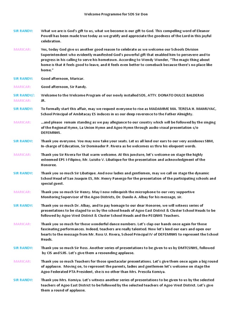 Emcee Script Welcome Programme | PDF
