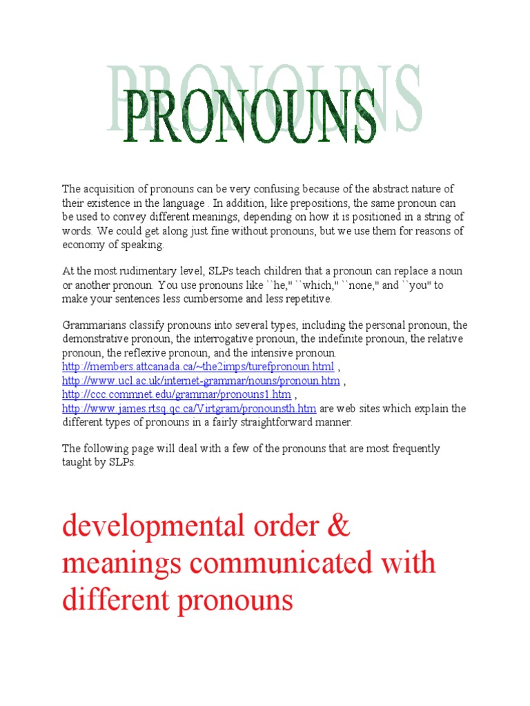 Developmental Order & Meanings Communicated With Different Pronouns ...