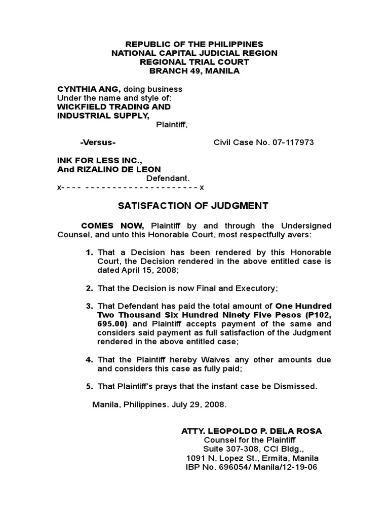 Satisfaction of Judgment-CYNTHIA ANG | PDF