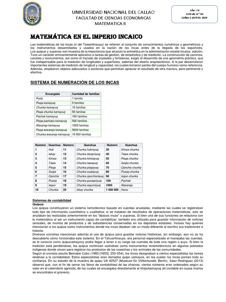 Matemática en El Imperio Incaico | PDF | Imperio Inca | Enseñanza de ...