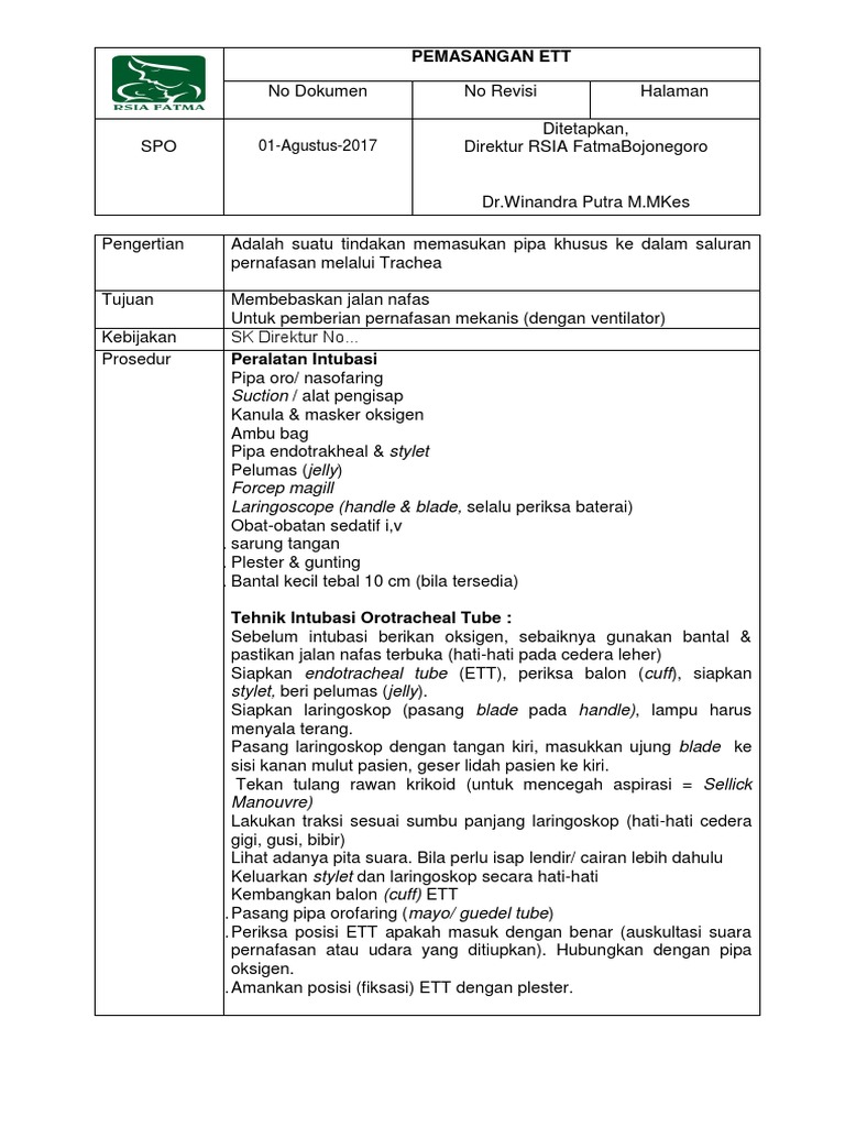SOP Pemasangan ETT | PDF
