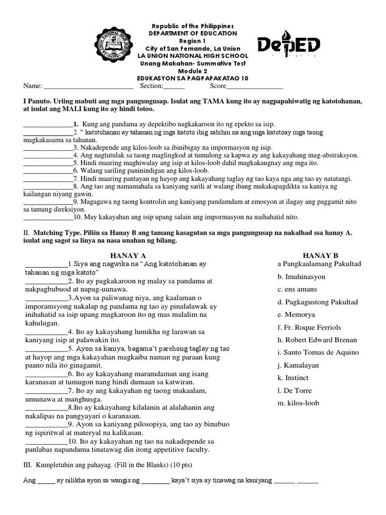 g10 Module 2 Summative Test | PDF
