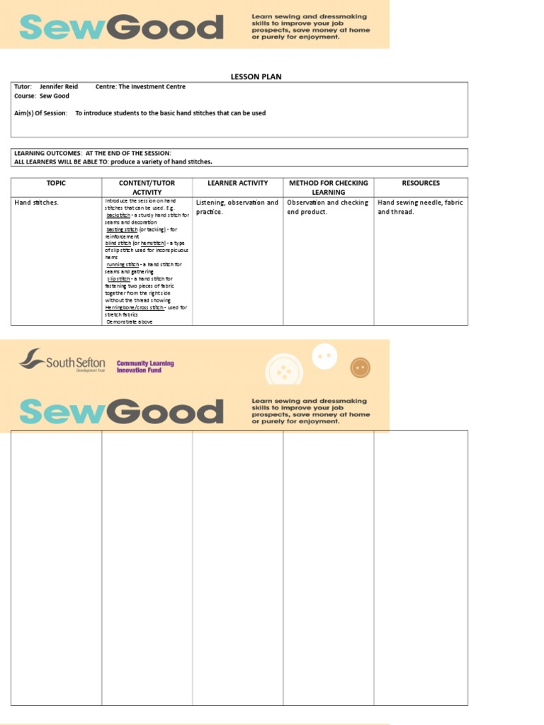 SewGood LESSON PLAN Hand Stitches | PDF | Sewing | Seam (Sewing)