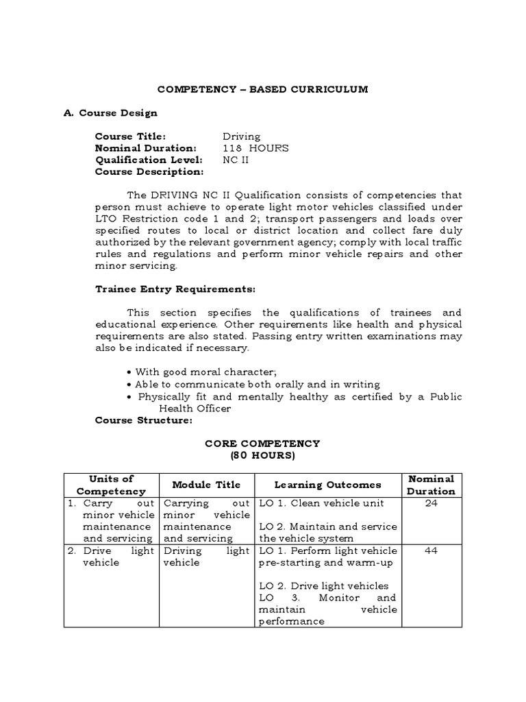 Competency Based Curriculum | PDF | Traffic | Driving