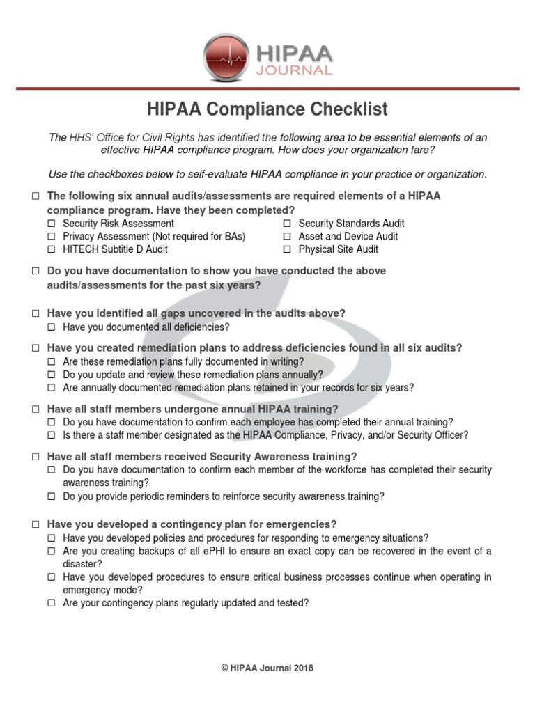 HIPAA Journal HIPAA Compliance Checklist PDF | PDF | Health Insurance ...