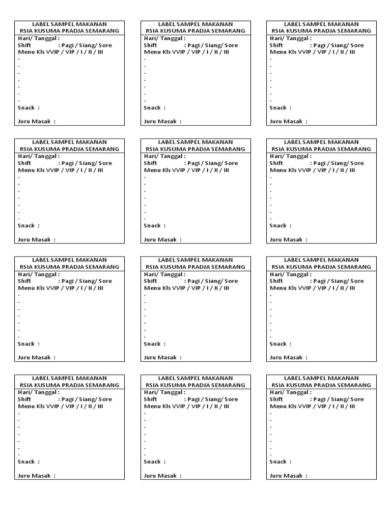 Label Sampel Makanan | PDF