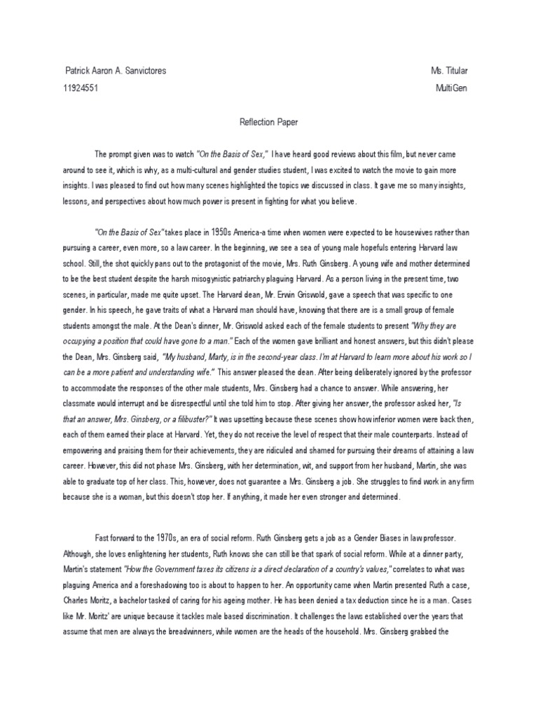 On The Basis of Sex Reflection Paper | PDF | Gender | Gender Studies