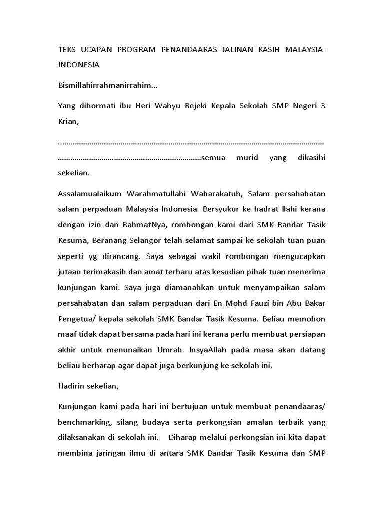 Teks Ucapan Program Penandaaras Jalinan Kasih Mala | PDF