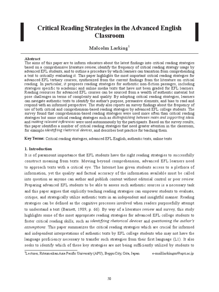 Critical Reading Strategies in The Advanced English Classroom PDF | PDF ...