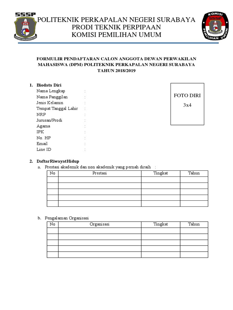 Formulir Pendaftaran Calon DPM TP | PDF