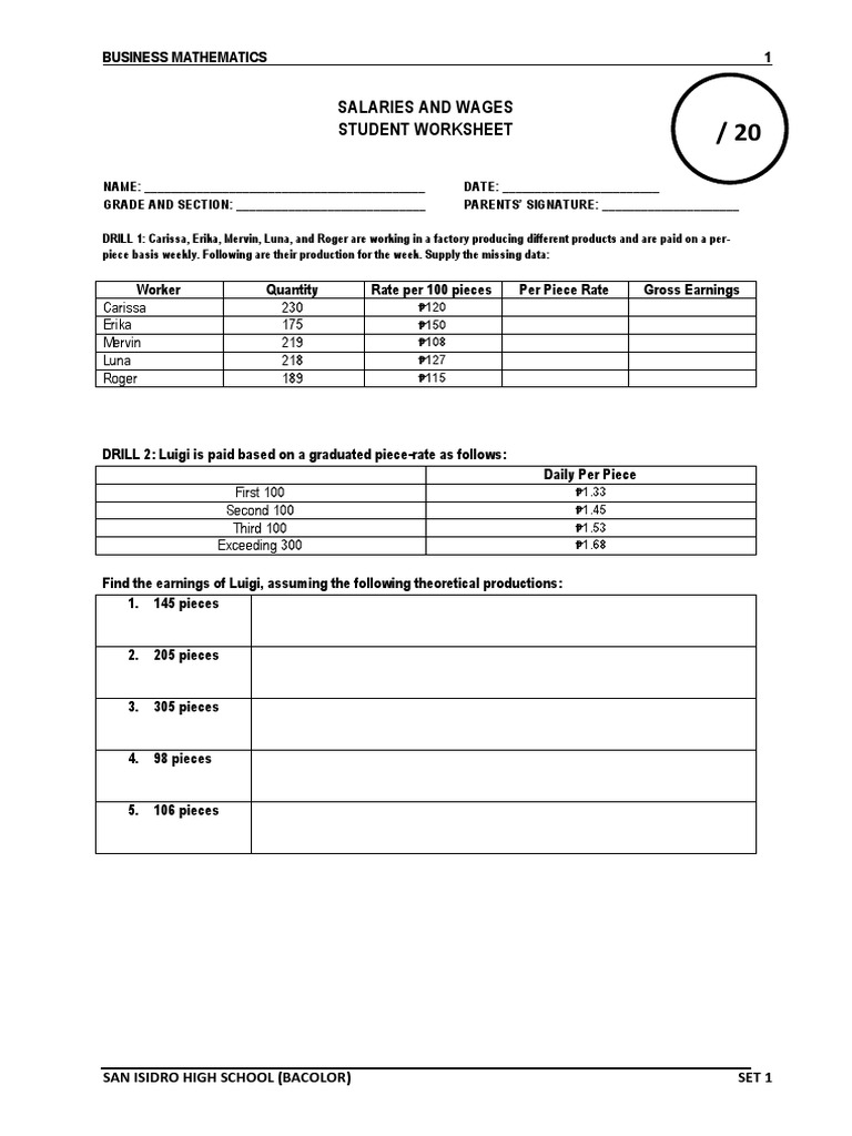 Wages and Salaries Calculation Worksheet | PDF | Piece Work | Factor ...