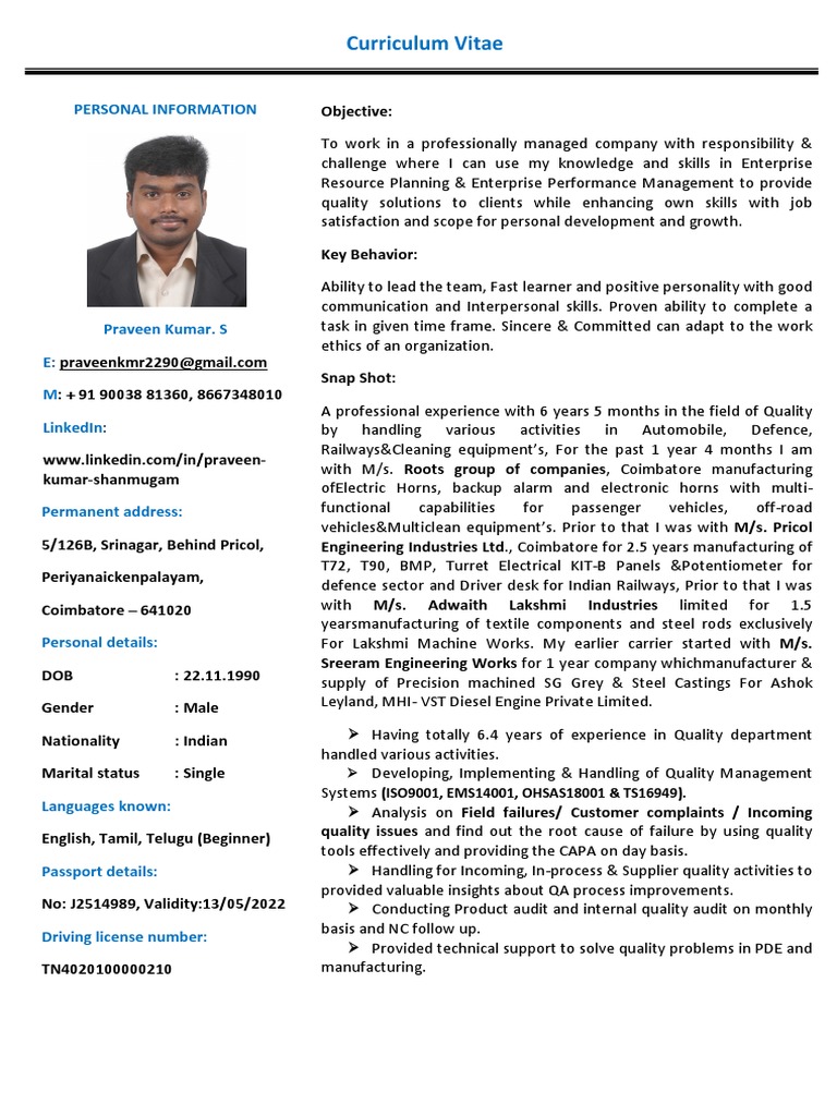 CV Praveen PDF | PDF | Quality Management System | Production And Manufacturing