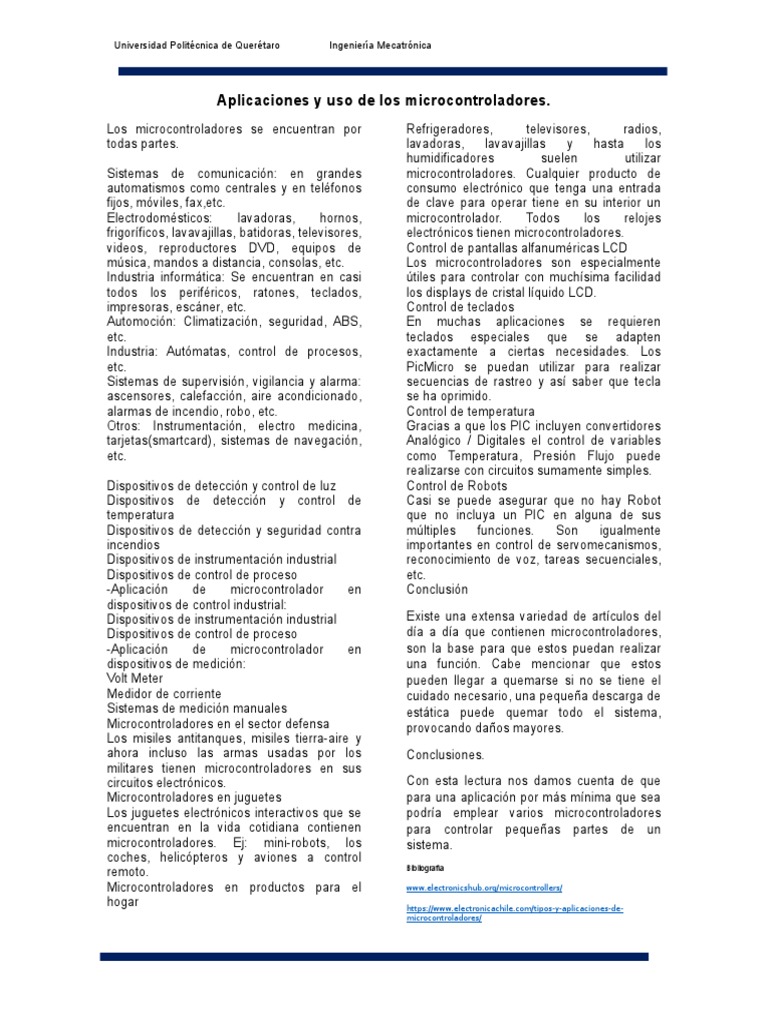 Aplicaciones y Uso de Los Micro Controladores. | PDF | Microcontrolador | Periférico