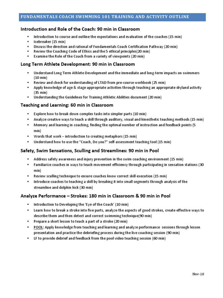 Coach Training Pathway Swimming | PDF | Swimming (Sport) | Goal