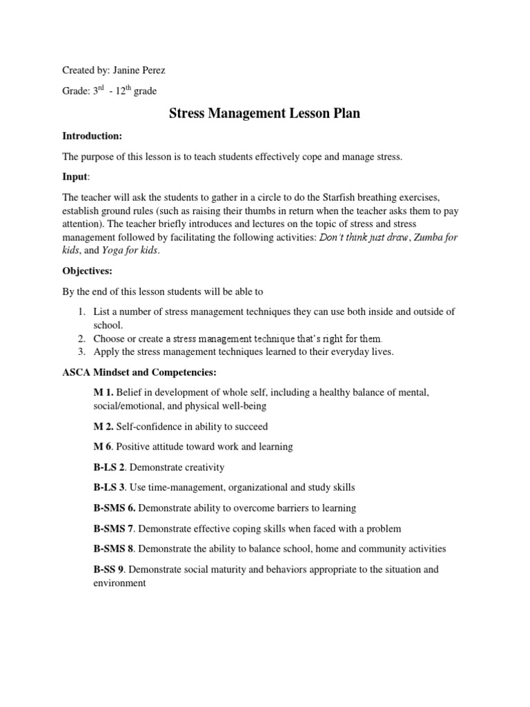 Stress Management Lesson Plan for Students | PDF | Stress Management ...