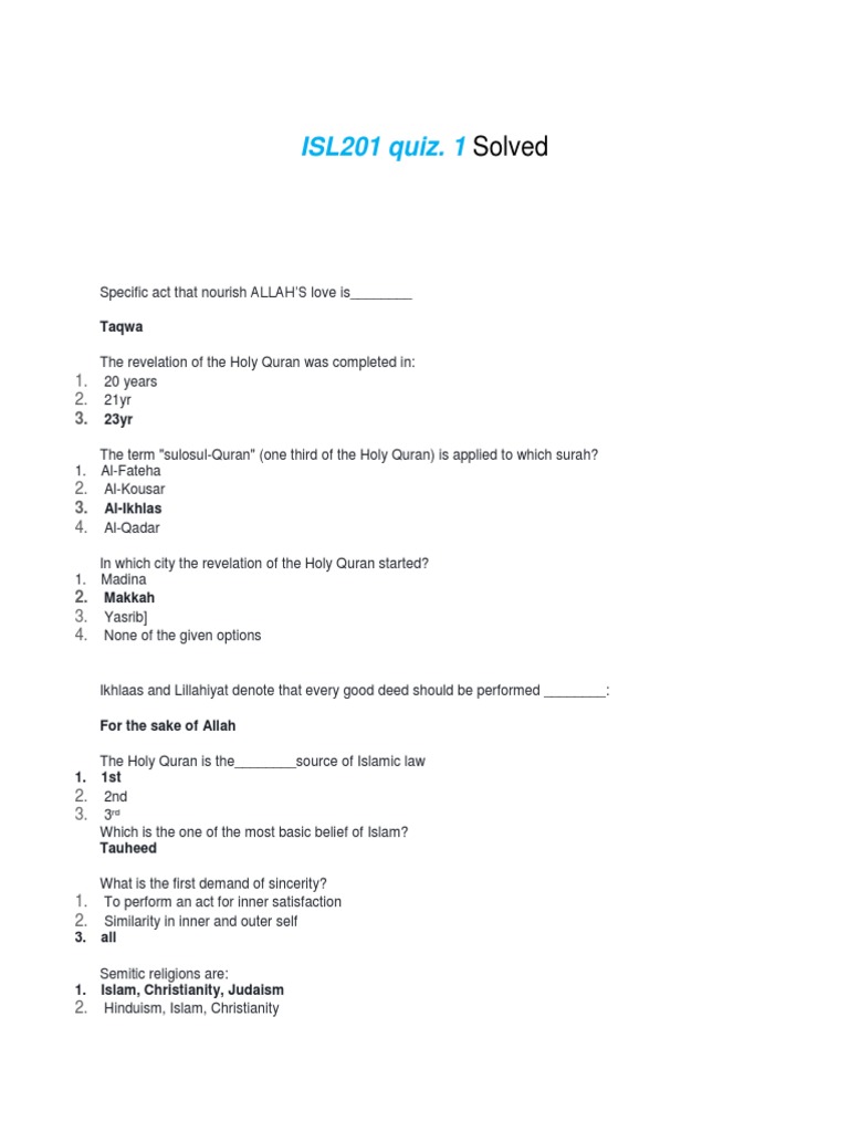 Quiz Solution Isl201 | PDF | Muhammad | Ali
