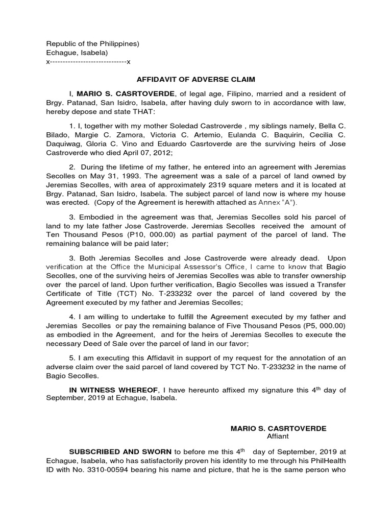 Affidavit of Adverse Claim in Isabela | PDF | Civil Law (Common Law ...