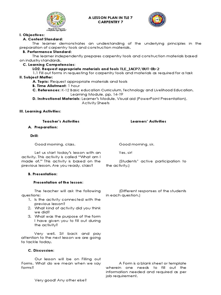 Capentry Lesson Plan Request Form | PDF | Lesson Plan | Learning