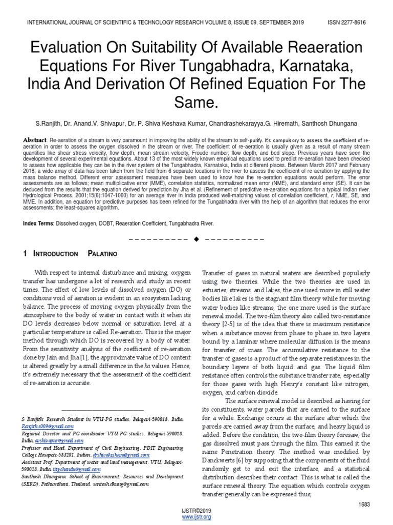 Evaluation On Suitability of Available Reaeration Equations For River ...