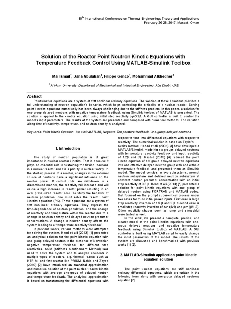 Solution of The Reactor Point Neutron Kinetic Equations With Temperaturem Feedback Control Using ...