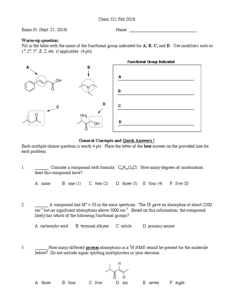 Orgo 2 Exam 1 Blank | PDF | Chemical Elements | Molecules