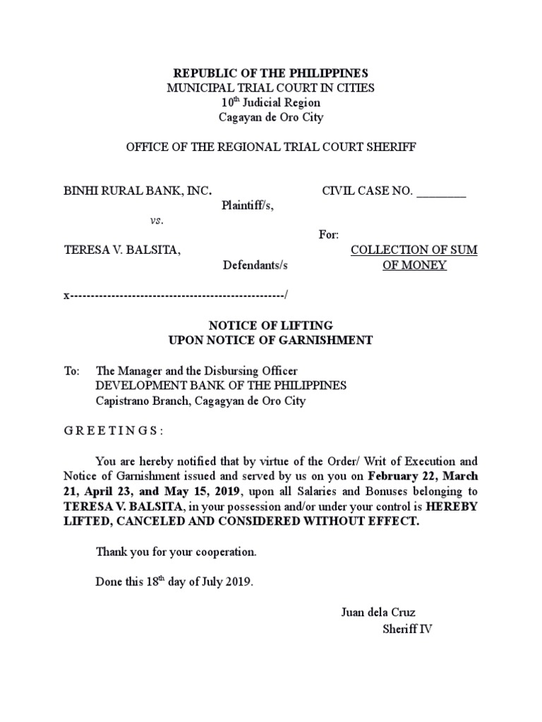 Notice To Lift Garnishment | PDF