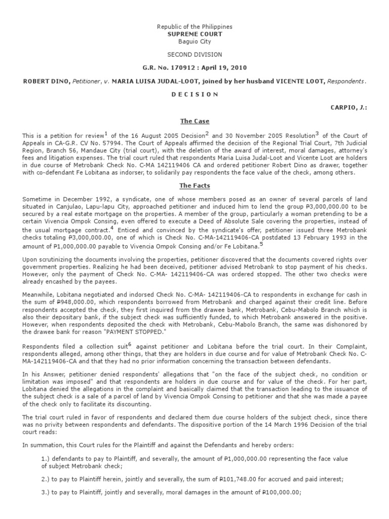 Robert Dino v. Maria Luisa Loot Case | PDF | Negotiable Instrument | Cheque