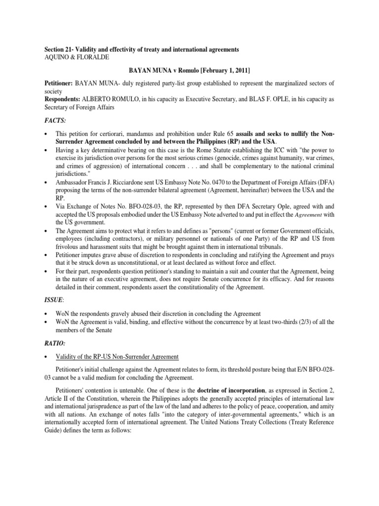 BAYAN MUNA V Romulo - Section 21 | PDF | Treaty | Ratification