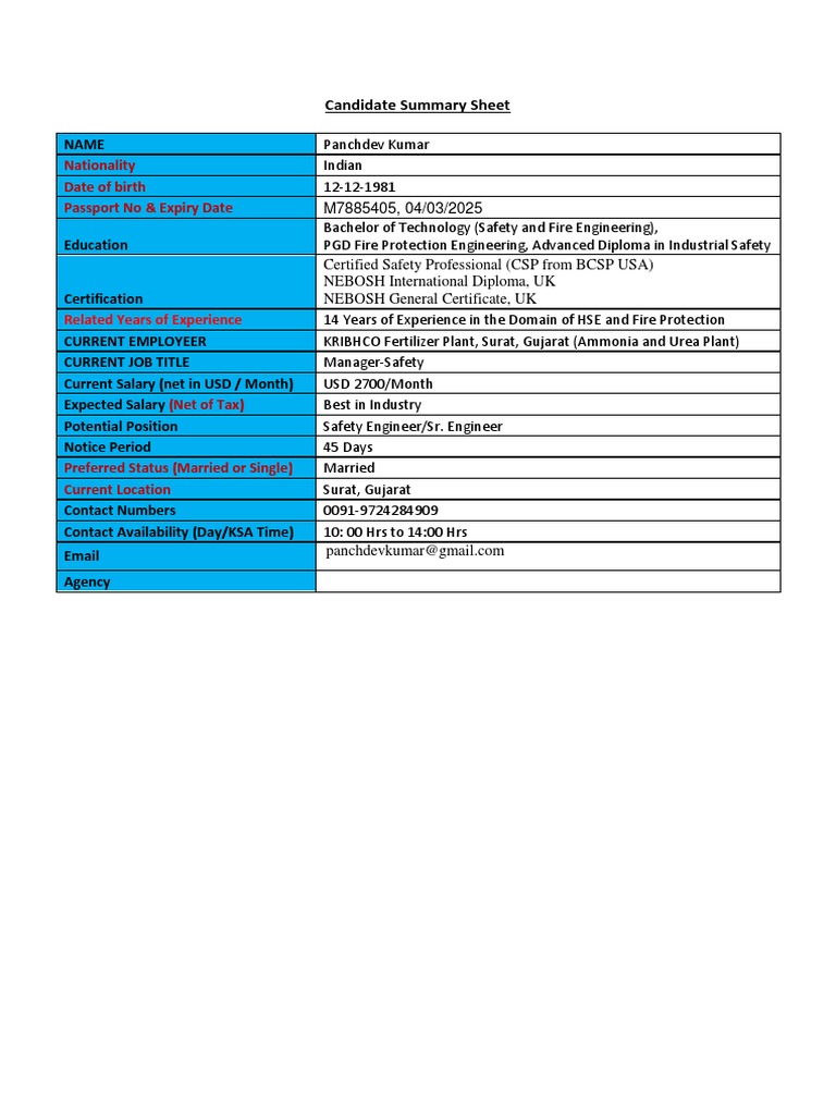 HSE Manager Candidate Summary Sheet | PDF