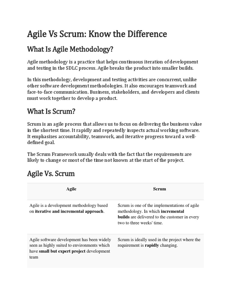 Agile Vs Scrum | PDF | Agile Software Development | Scrum (Software ...
