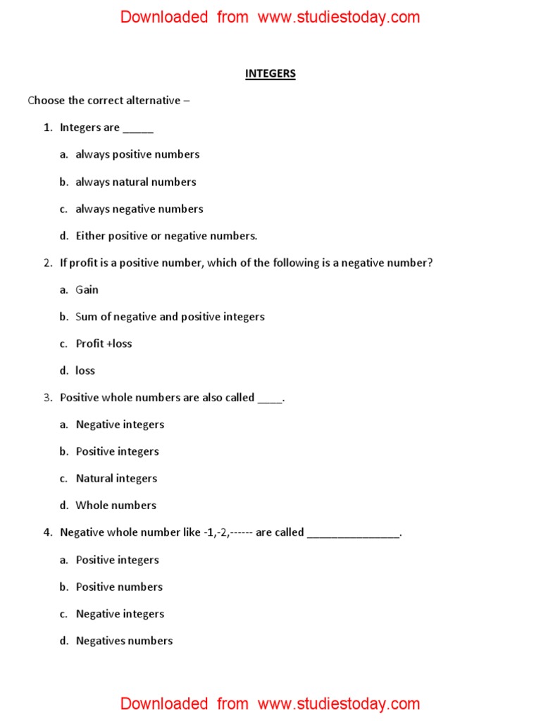 CBSE Class 6 Integers Worksheet | PDF