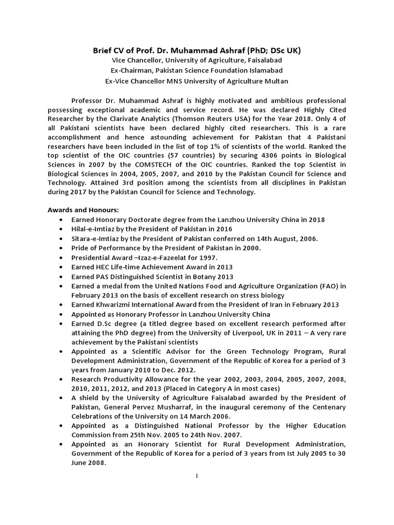 150519citation of Prof. Dr. Muhammad Ashraf | PDF | Science | Academia