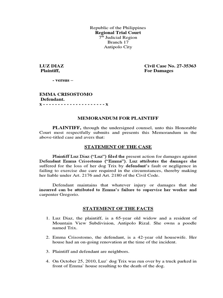 Legal Memorandum Civil | PDF | Negligence | Damages