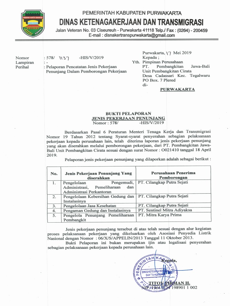 Contoh Surat Laporan Disnaker | PDF