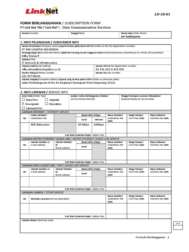 Formulir Linknet | PDF | Teknologi Informasi dan Komunikasi | Listrik