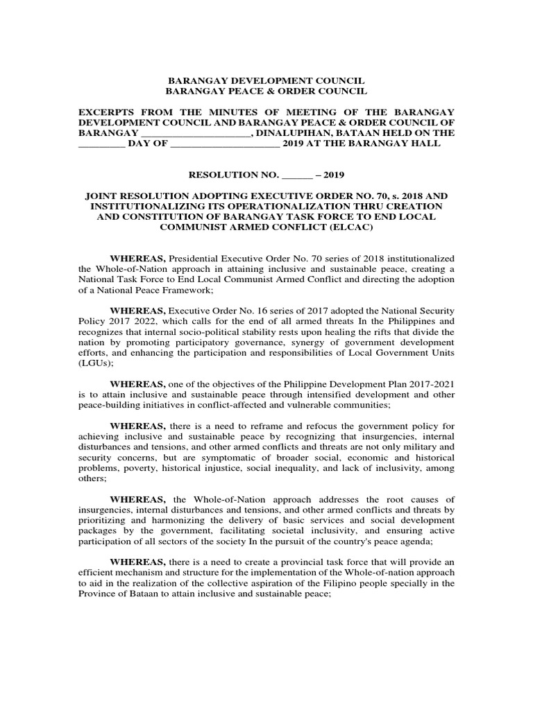 Elcac Brgy Reso Revised | PDF | Peace | National Security